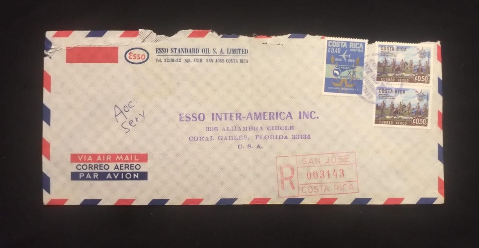 C) 1946. COSTA RICA. AIRMAIL ENVELOPE SENT TO USA. MULTIPLE STAMPS. 2ND ...