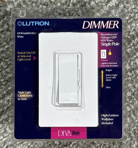 NEW Lutron Diva Duo Dimmer Switch-Plate DVW-600PH-WH Single Pole White ...