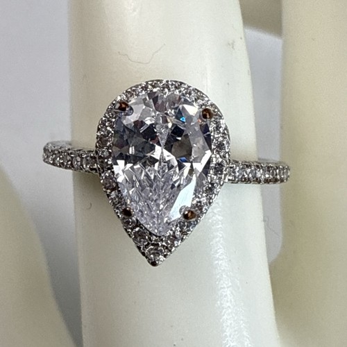 CZ Pear Shaped Solitaire w Halo Engagement Ring Silver Tone Ring Size 8 ...