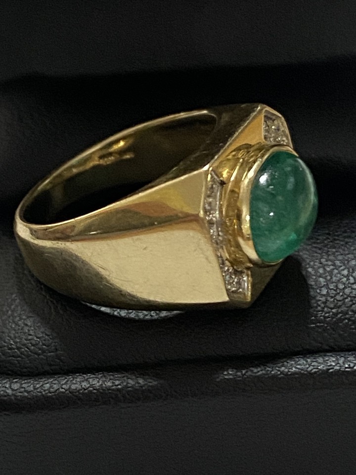 Vintage 14K 585 Men’s Emerald Cabochon Diamond Ring | eBay