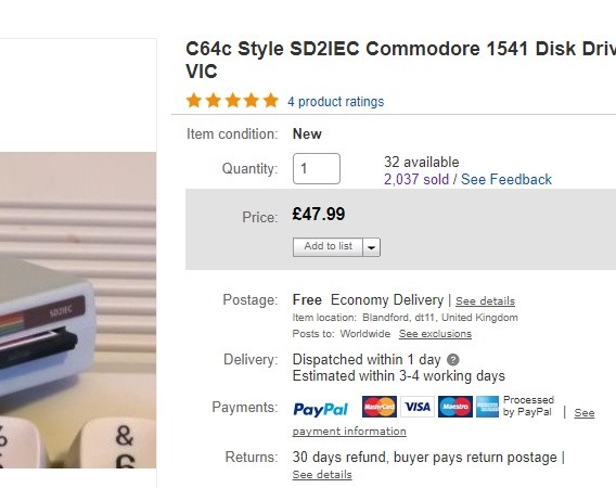 C64c Cream SD2IEC Commodore 1541 Disk Drive Emulator SD Card Reader C64 ...