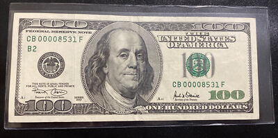 🔥$100 dollar bill 2001 low low serial number 00008531 Anniversary ...