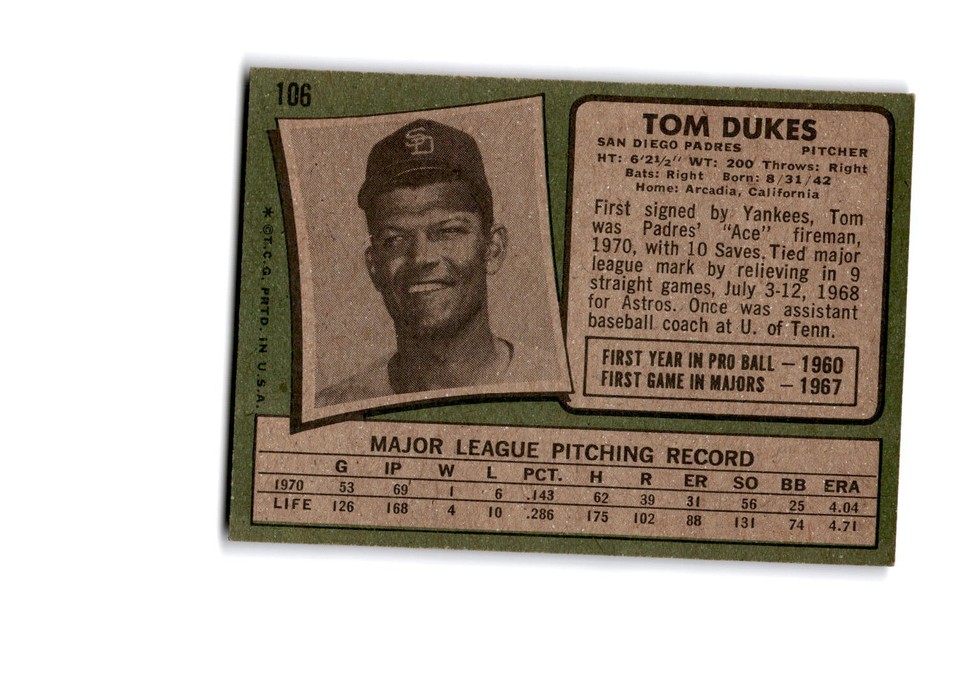 1971 Topps #106 Tom Dukes Padres | eBay