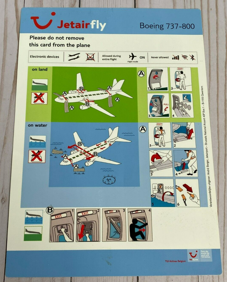 Jetairfly | TUI Airlines Belgium Boeing 737-800 Safety Card - 6/14 | eBay