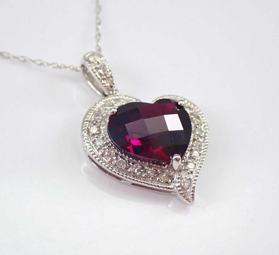 Heart Cut Lab-Created Red Garnet Heart Pendant 18" Chain 14K White Gold ...