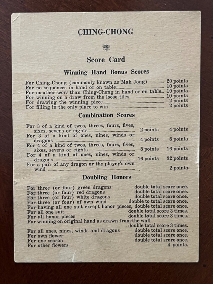 5 Antique Mahjong Scoring Bird's Mah-Jongg/Pung Chow, Ching-Chong ...