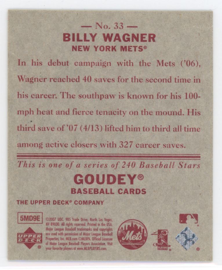 2007 Upper Deck Goudey Red Backs Billy Wagner New York Mets #33 | eBay