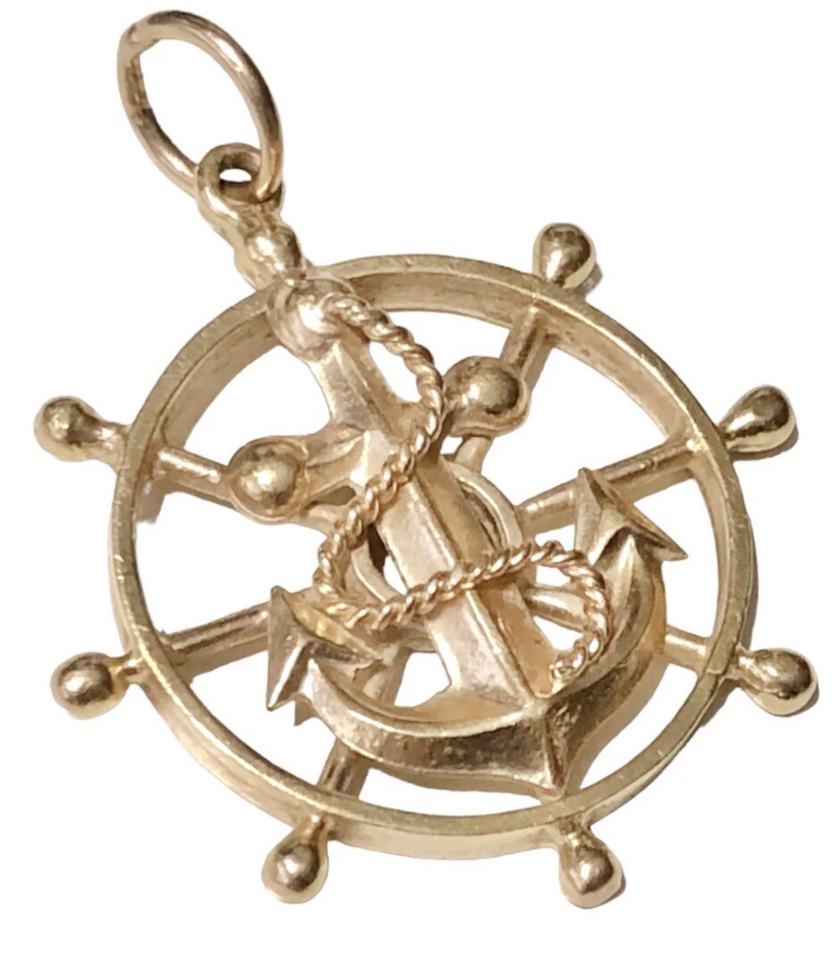 14K Yellow Gold MARINER’S ANCHOR Ships Wheel Navy Pen… - Gem