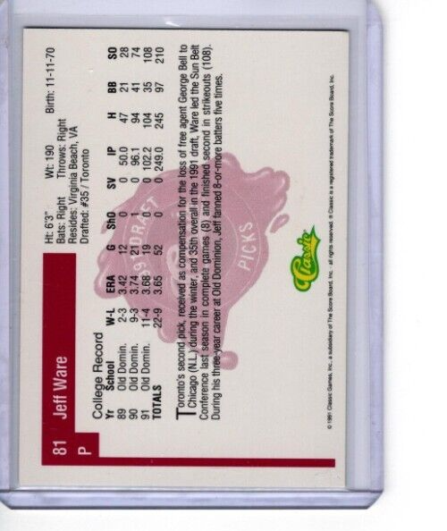 1991 Jeff Ware (RC) Classic Draft Picks #81 USA Baseball | eBay