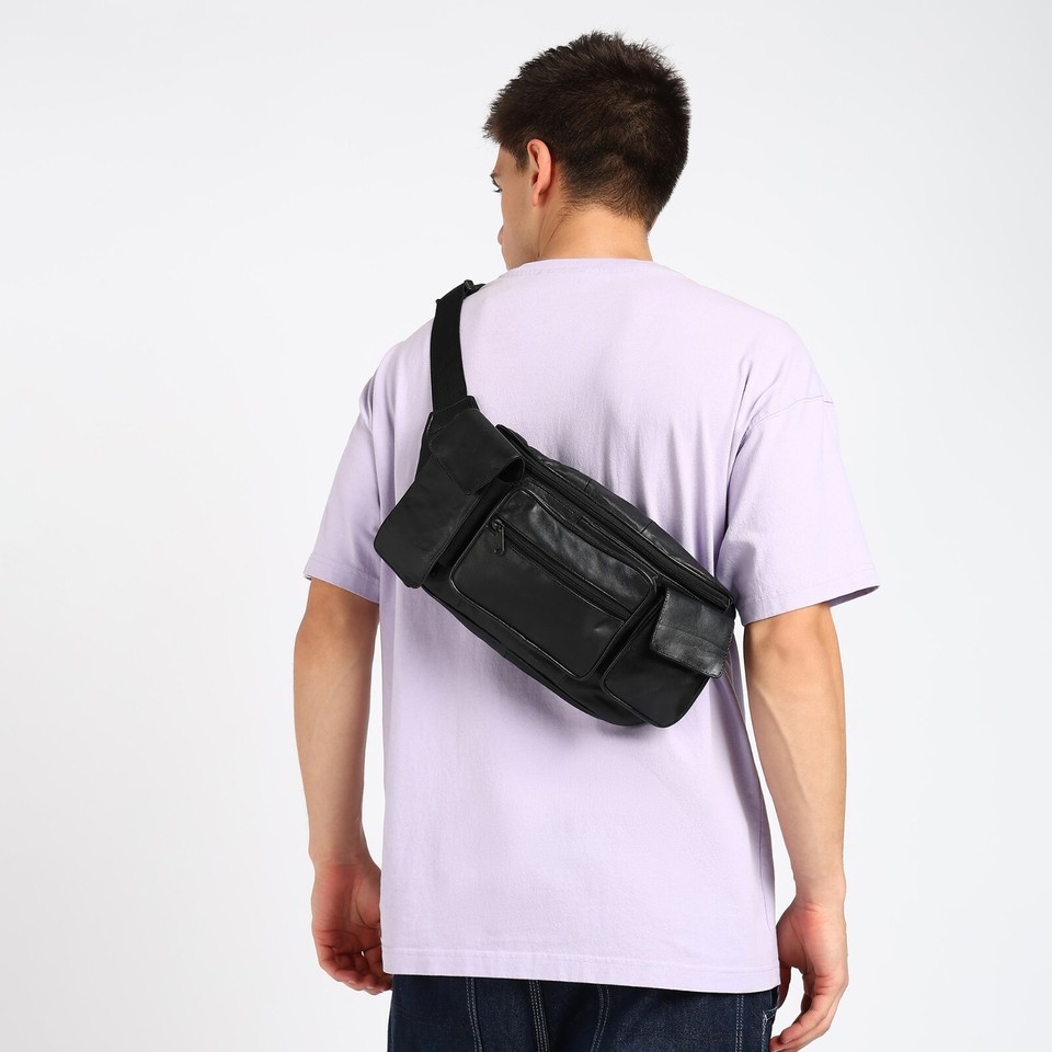 Leatherboss fanny pack with 2 phone pockets and 3 zipper pockets Black ...