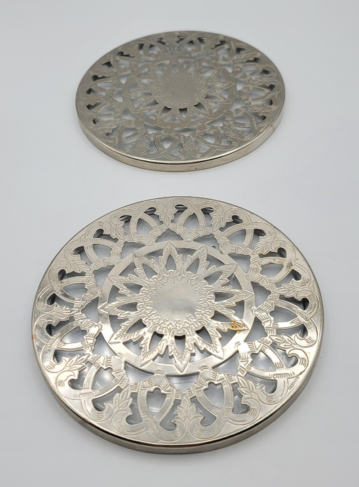 2 Vintage Eales 1779 Silver Plated Over Glass Trivets | eBay