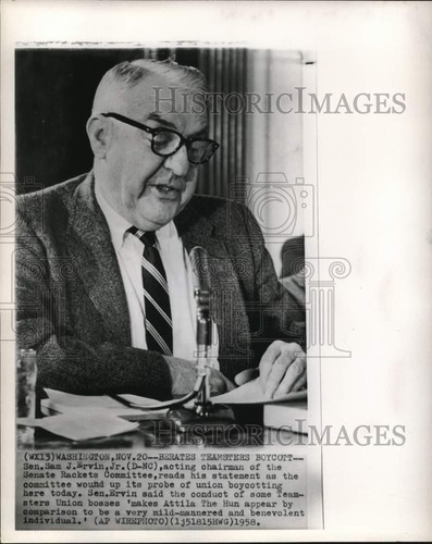 1958 Press Photo Senator Sam Ervin Jr. reads statement at Senate probe ...