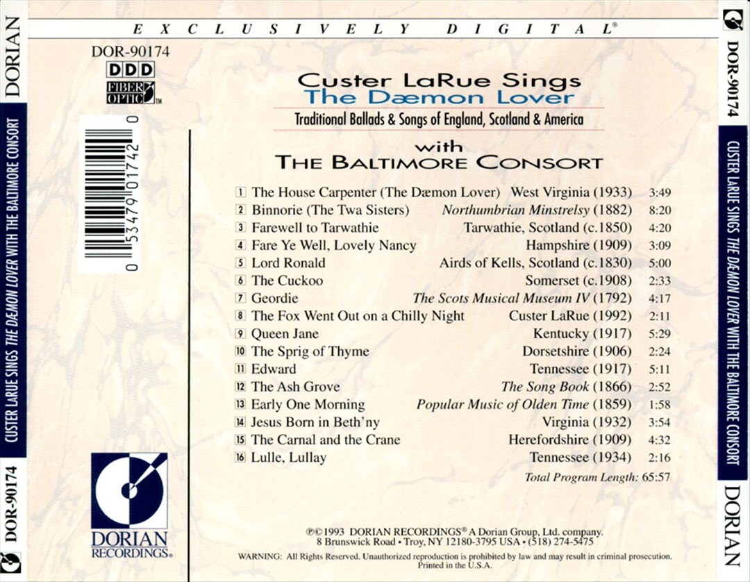 CUSTER LARUE/BALTIMORE CONSORT - CUSTER LARUE SINGS THE DAEMON LOVER ...