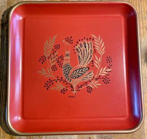Vintage Maxey Tray Red Gold Black Peacock Folk Art Metal 13"x13" MCM | eBay