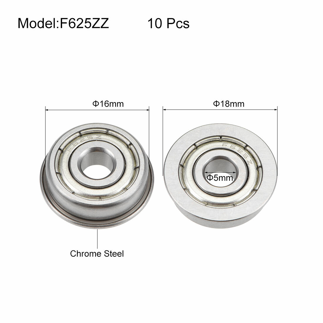 F625ZZ Flange Ball Bearing 5x16x5mm Shielded Chrome Bearings 10pcs ...
