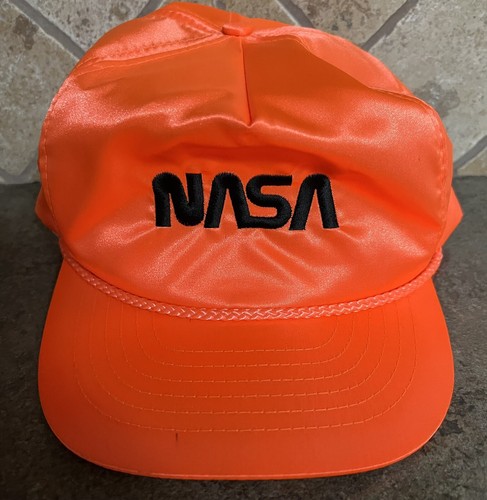 Vtg 80's 90's NASA Fluro Blaze Orange Nylon Satin Rope Snapback Trucker ...