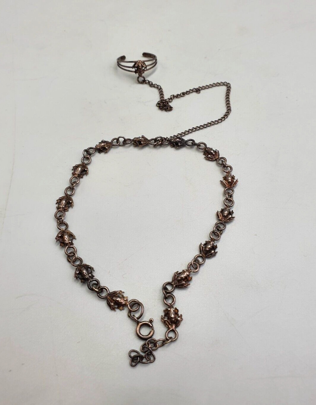 Vintage Solid Silver Slave Bracelet & Ring Set ,Frogs… - Gem