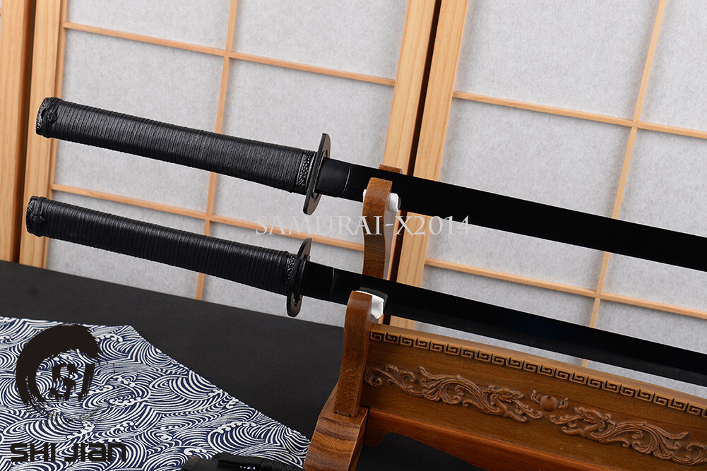 1095 Carbon Steel Black Double Japanese Ninja Sword Katana Musashi ...