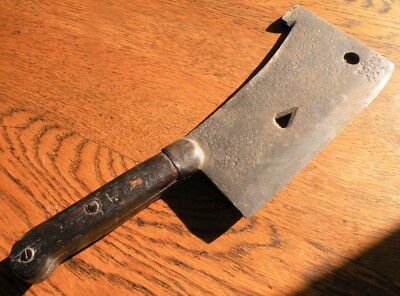 Primitive ANTIQUE MEAT CLEAVER Cast Iron Blade Wood Handle 13.5 ...
