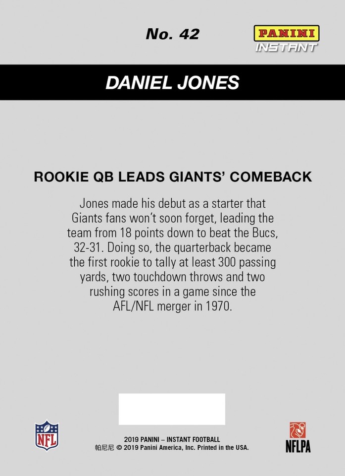 2019 PANINI INSTANT NFL #42 DANIEL JONES (RC) NFL DEBUT NEW YORK GIANTS ...
