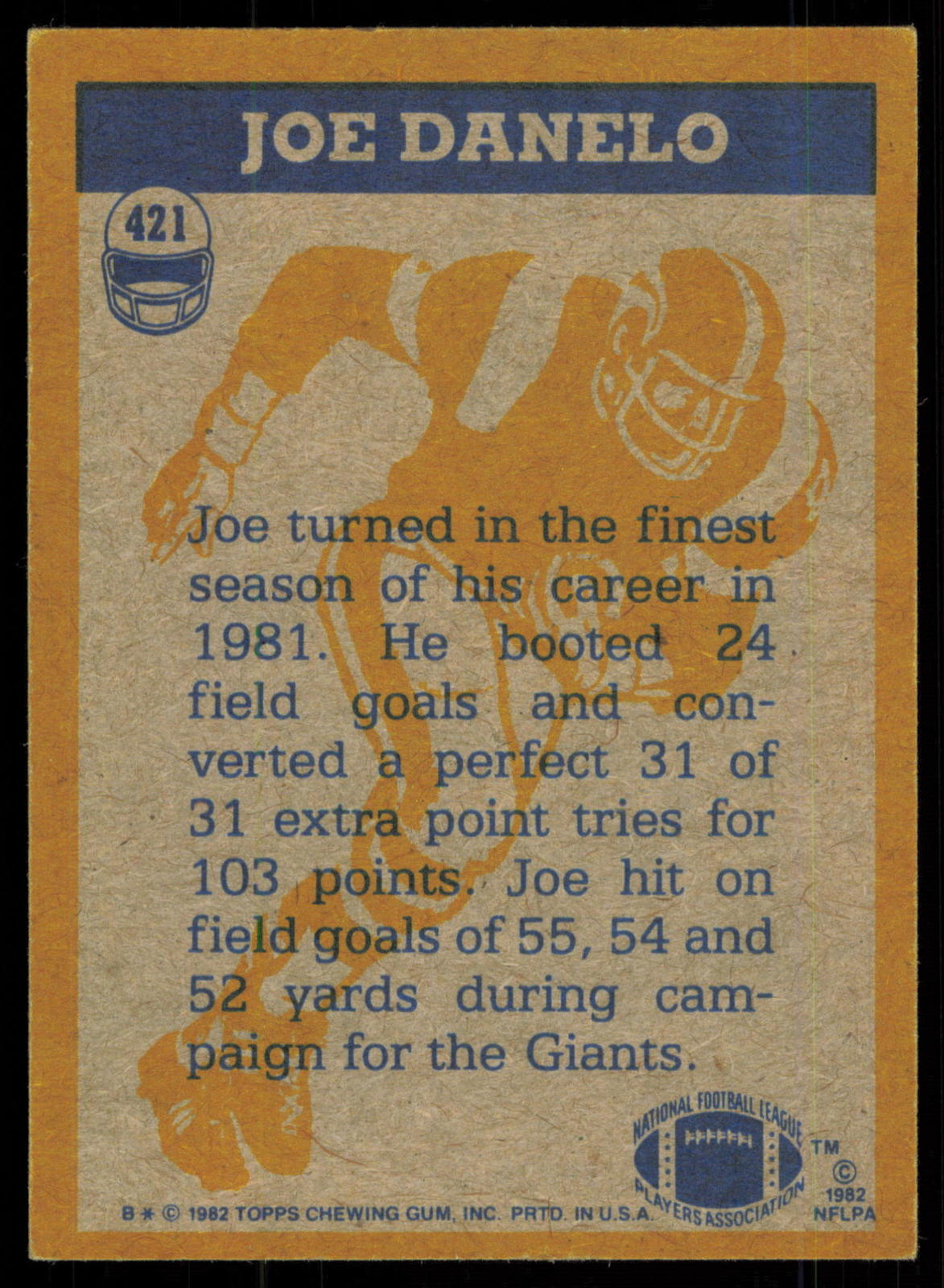 1982 Topps Football In Action #421 Joe Danelo New York Giants | eBay