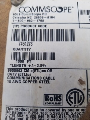 CommScope 7451273 RJ-6 Coax Satallite Cable TV 875ft 18AWG ...
