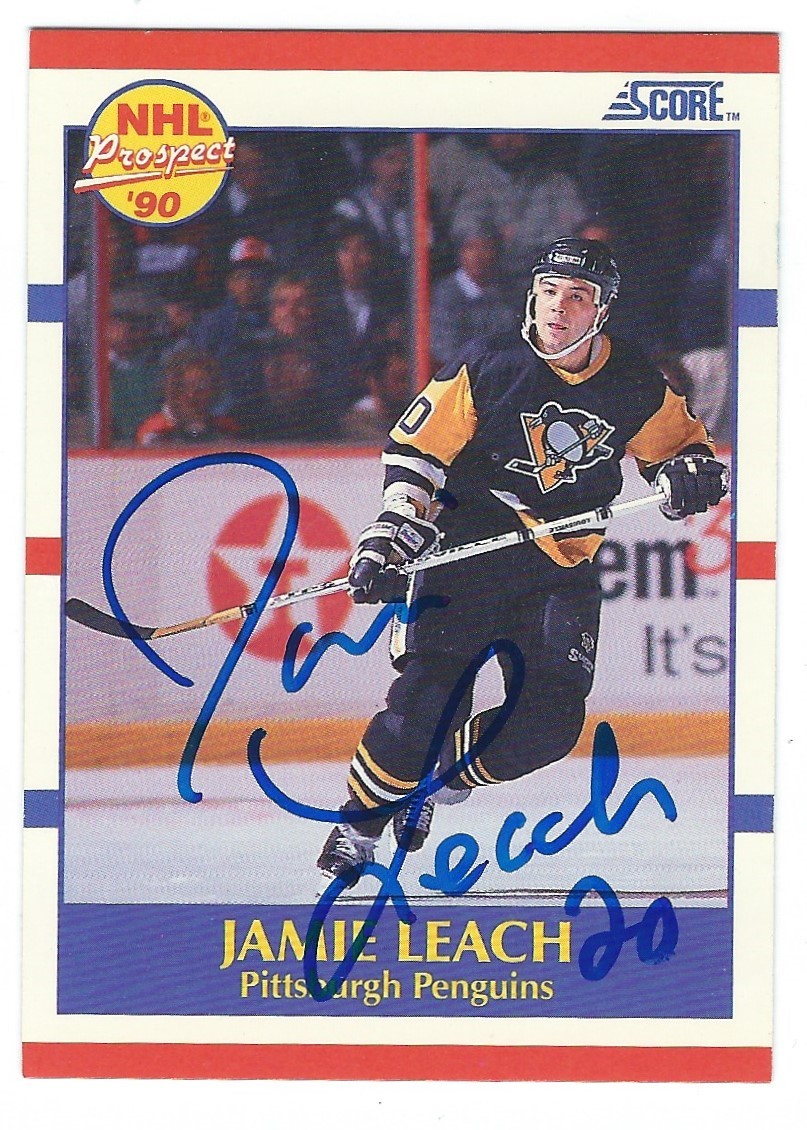 Autographed 1990 Score JAMIE LEACH Pittsburgh Penguins Card #420 w ...
