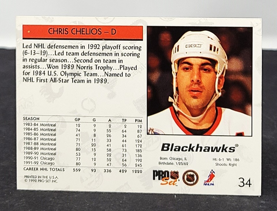CHRIS CHELIOS signed Autograph 1992 Pro Set Hockey Card #34 Chicago ...