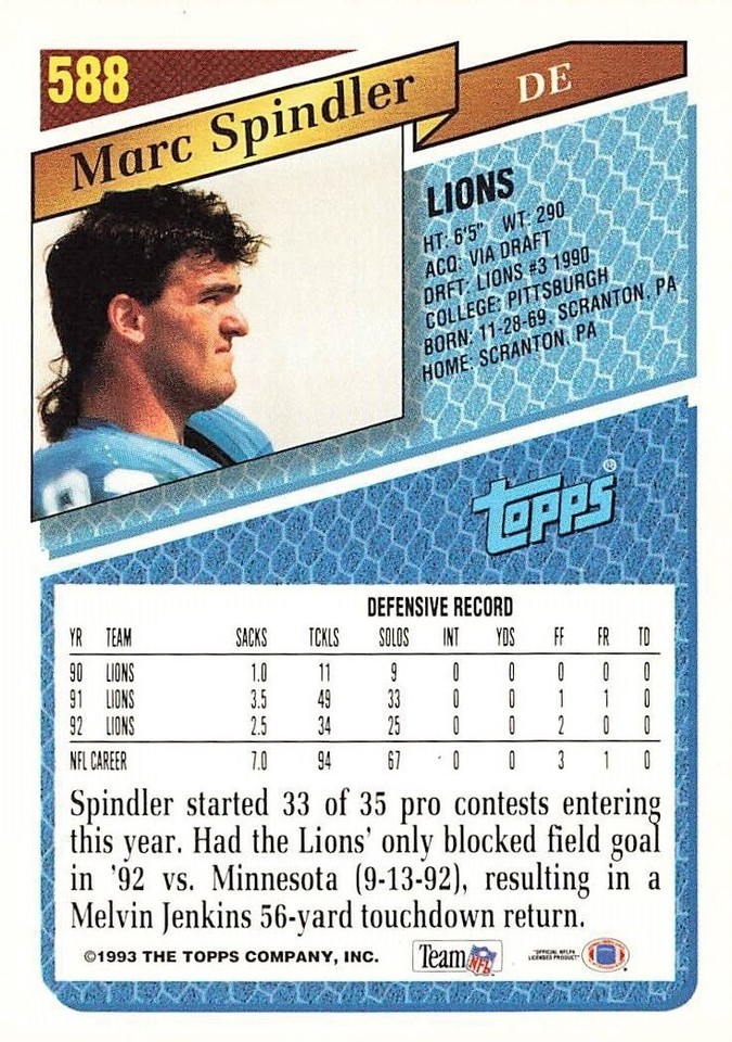 1993 Topps Marc Spindler #588 Lions | eBay