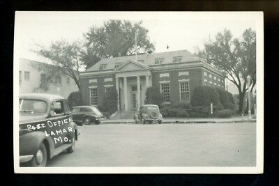 Post Office postcard Missouri MO Real Photo Lamar flag cars columns ...