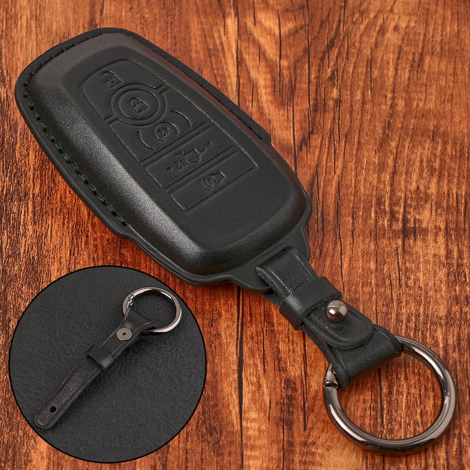 LEATHER Key Fob Chain For Ford 5 Buttons Remote Accessories Cover Case ...