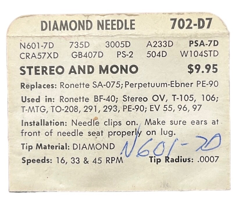 ZENITH Diamond Phonograph Needle 702-D7 Stereo and Mono Ronette SA-075 ...
