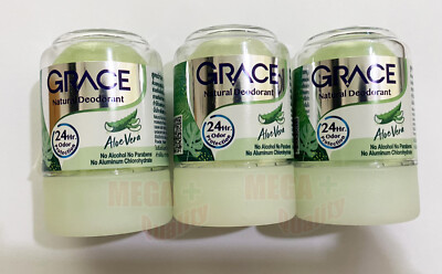 3 x 50 g. GRACE NATURAL CRYSTAL DEODORANT ALOE VERA EXTRACT ALUM ROLL ...
