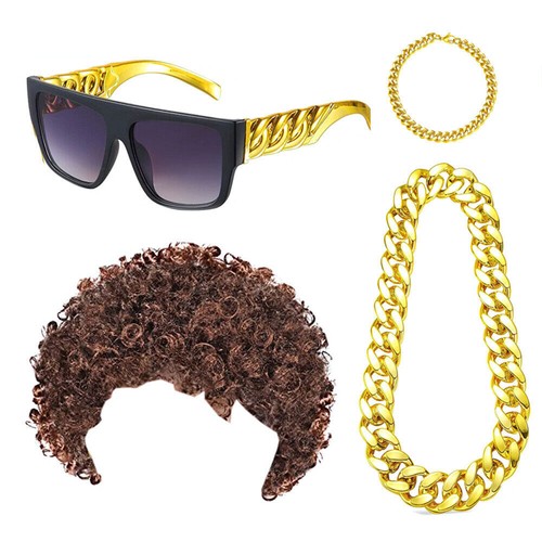 4Pcs Hip Hop Costume Accessories Wig Gold Chain Punk Sunglasses Rapper ...