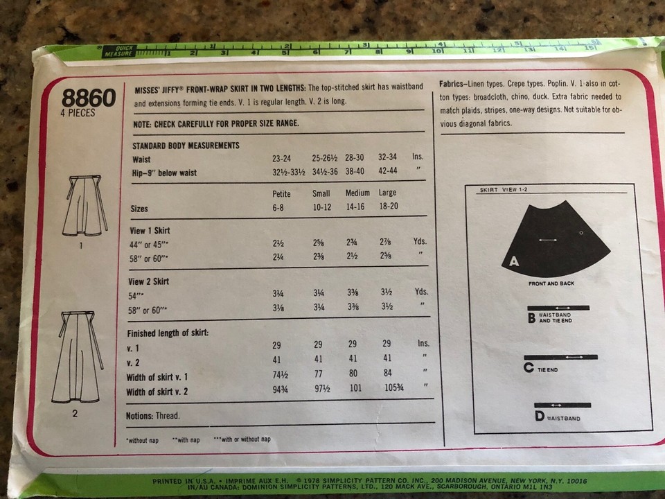 🌼 SIMPLICITY #8860 - LADIES JIFFY TWO LENGTH FRONT WRAP SKIRT PATTERN ...