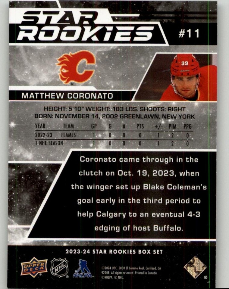 2023-24 Upper Deck NHL Star Rookies Box Set Matthew Coronato #11 ...
