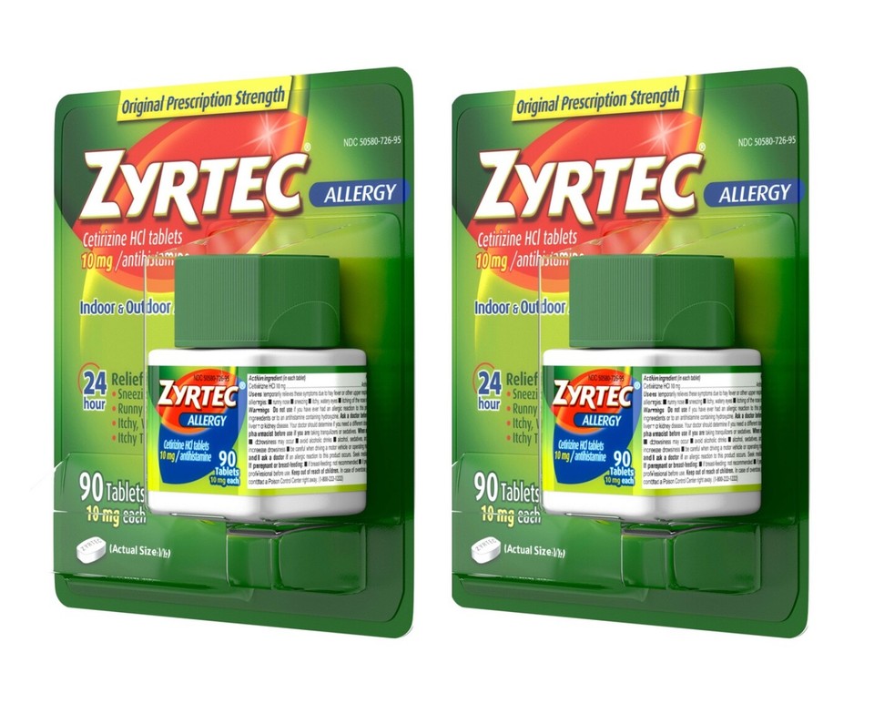 2 Pack Zyrtec 24 Hour Allergy Relief 10mg Cetirizine 2x 90 =180 Tablets ...