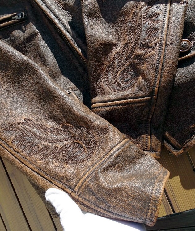 Mens Vintage Style Tea-core Cowhide Leather Jacket Embroidery Washed ...