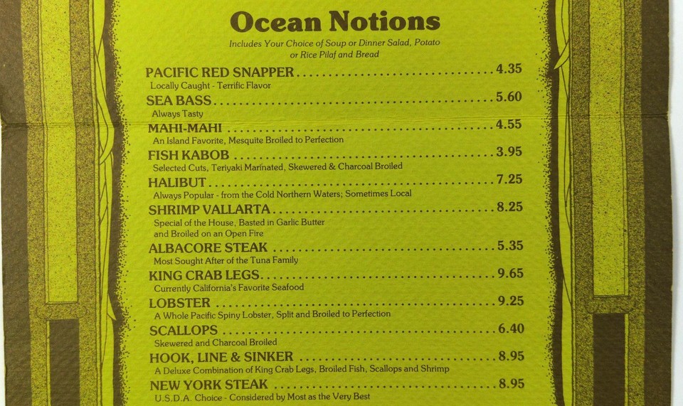 1970 Vintage Dinner Menu FISH TALE Seafood Restaurant Long Beach ...