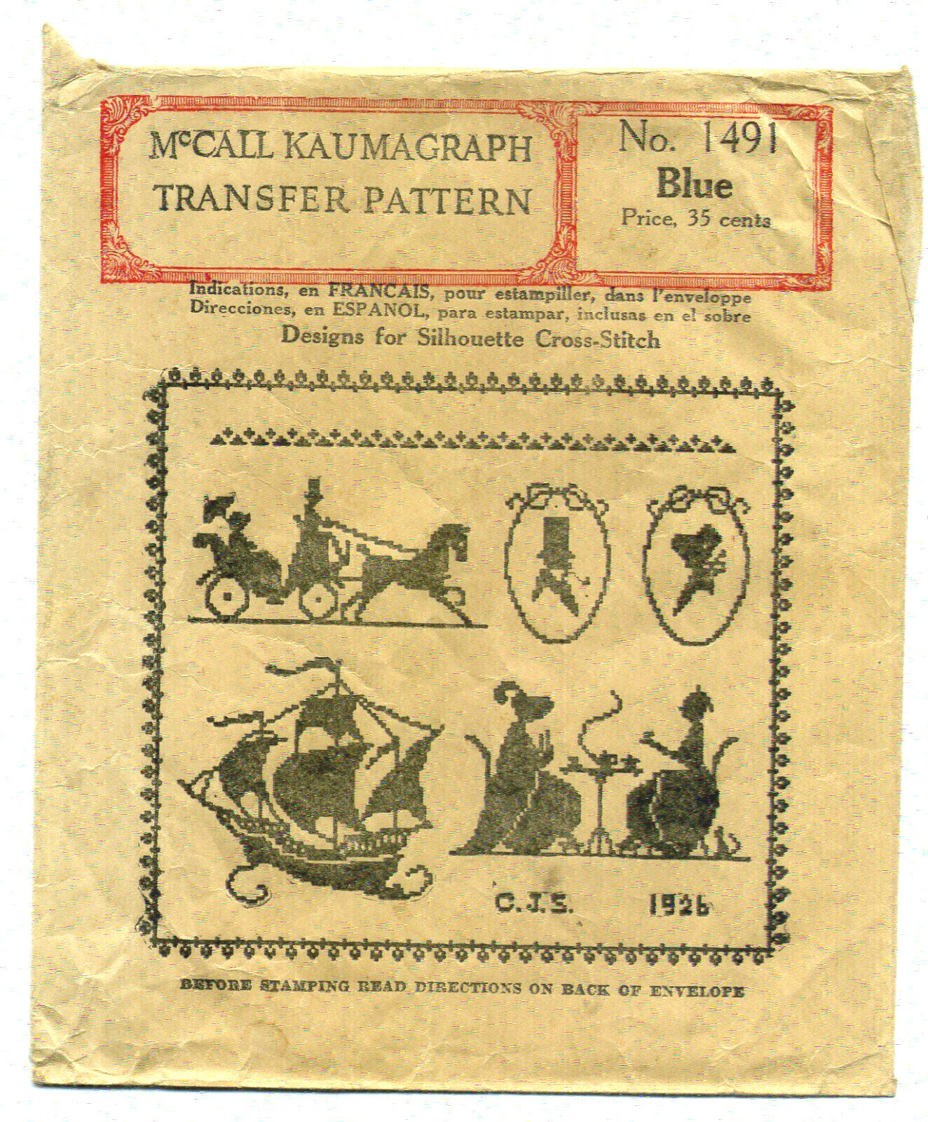 1930s?? Cross-stitch transfer pattern - McCall Kaumagraph with envelope ...