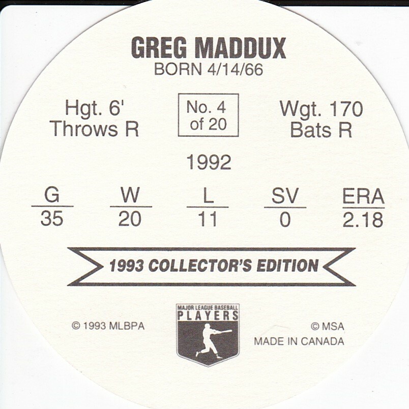 1993 MSA BEN'S Bakery Bread Baseball SUPER PITCHERS Disc #4 - GREG ...