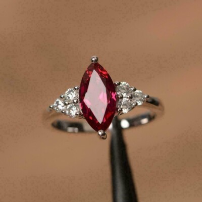 3Ct Marquise Cut Red Ruby Solitaire Engagement Womens Ring 14k White ...