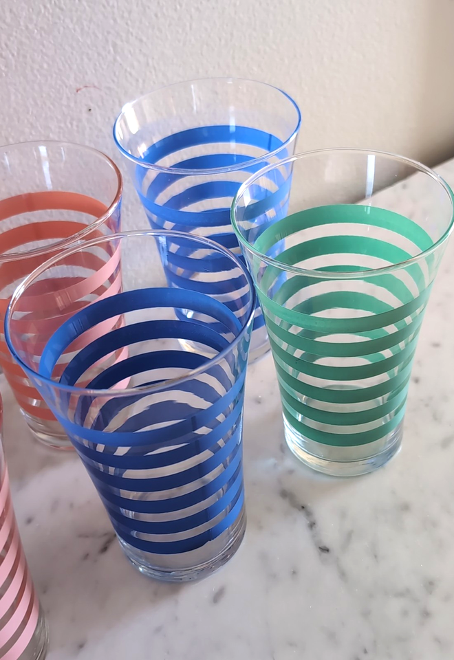 Set 6 Libbey Fiestaware 16oz Glass Tumblers Pastel Multi-Color Stripes ...