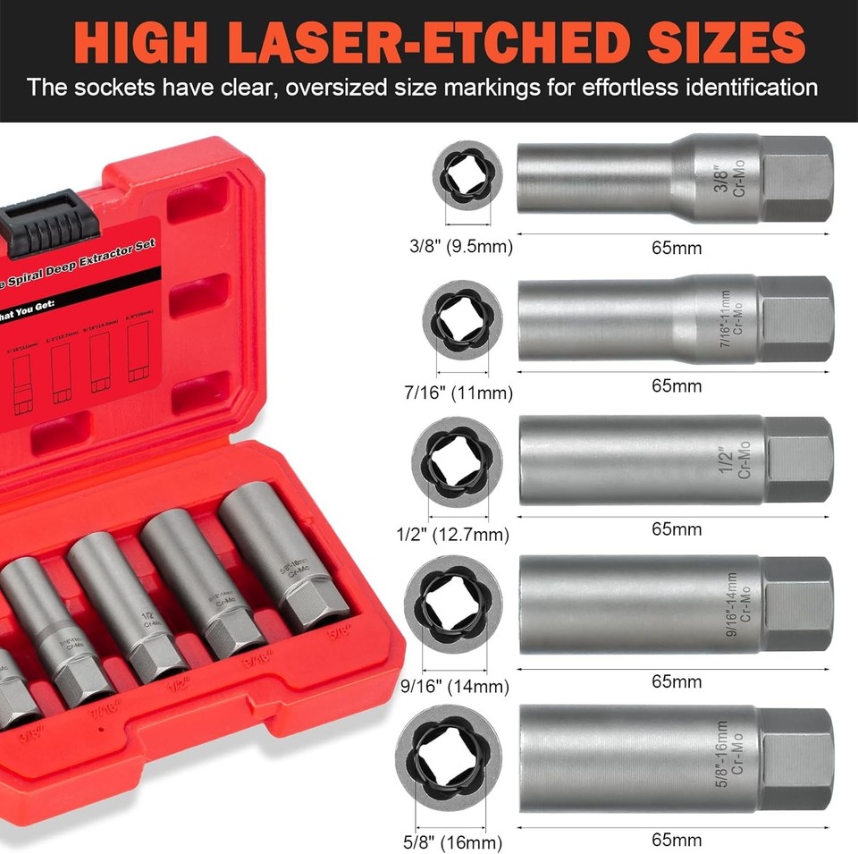 5PCS Deep Bolt Extractor Kit, Easy Out Spark Plug Socket Set, Ez... | eBay