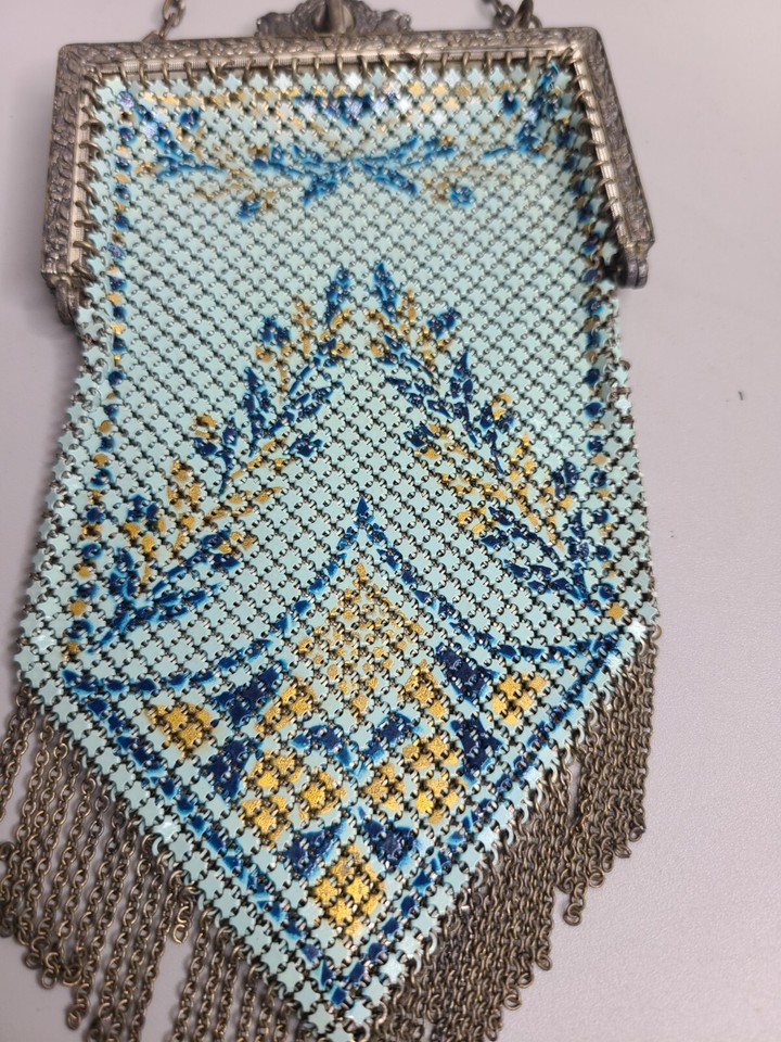 Mandalian enamel mesh purse bag 1920's Flapper Art Deco Floral Silver ...
