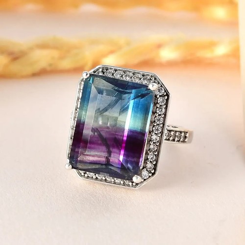 Bi Color Fluorite and Zircon Halo Ring in Platinum Over Sterling 15.40 ...