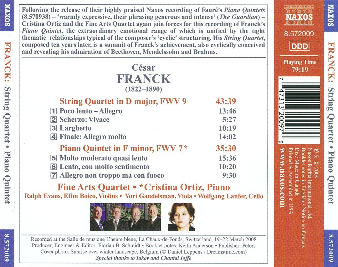 FINE ARTS QUARTET/CRISTINA ORTIZ FRANCK: STRING QUARTET; PIANO QUINTET ...