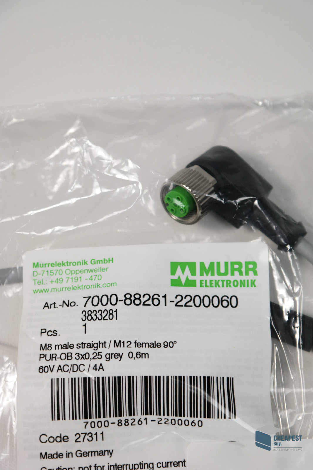 Murr 7000-88261-2200060 Sensor Cable M8, 3 x 0,25 Grey 2ft Cable New | eBay