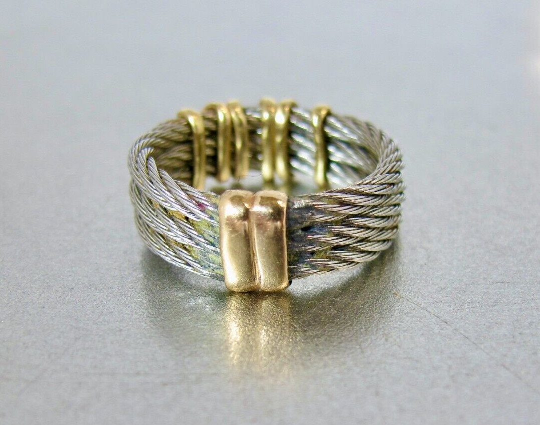 Stainless Steel Cable 14K Yellow Gold "X" Band Ring - Gem