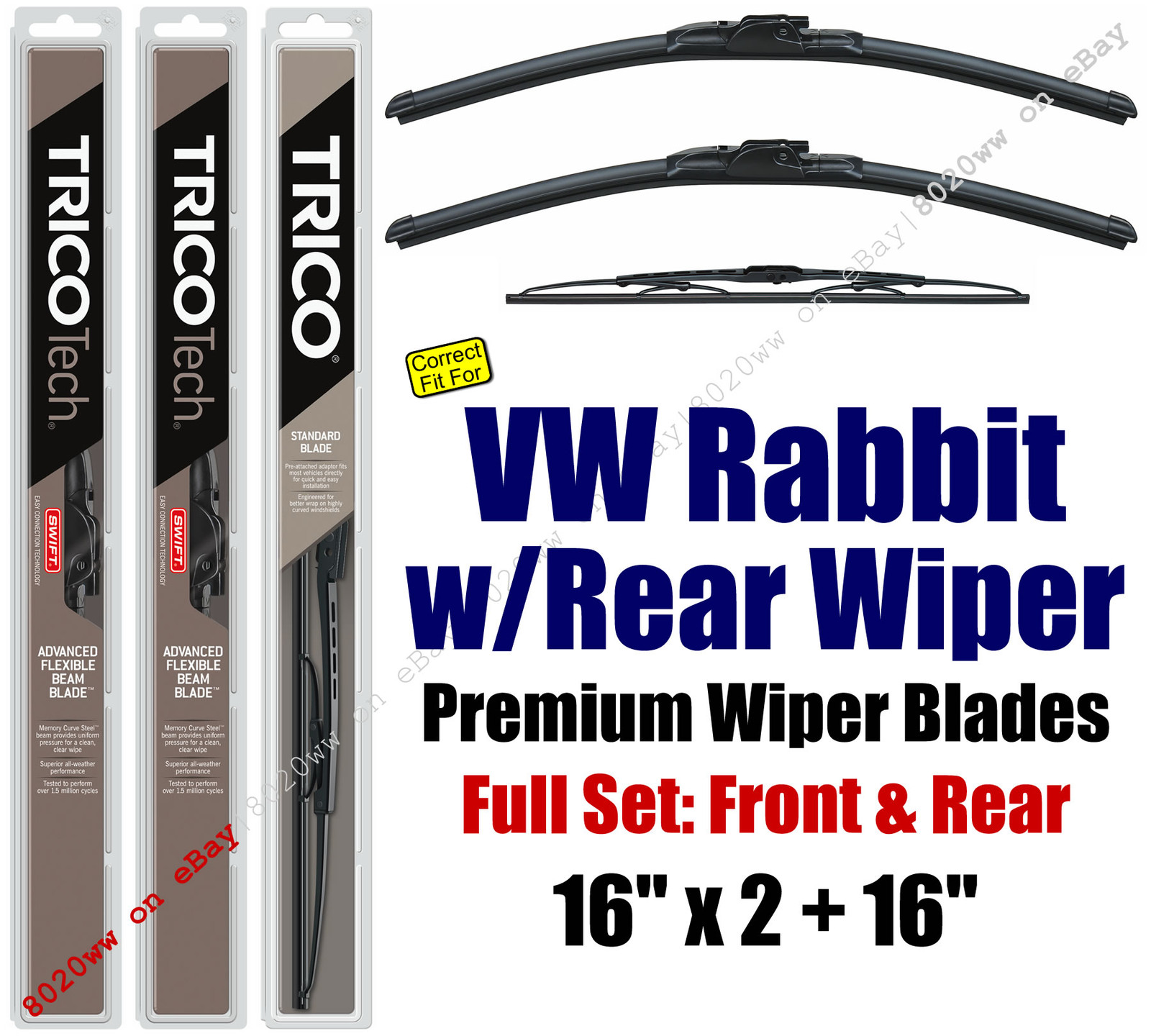 Wipers 3pk Premium Front & Rear - fit 1975-1984 Volkswagen Rabbit ...